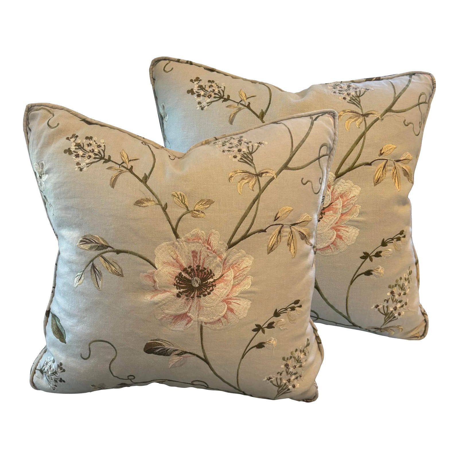 Pair of Crewel Work Embroidered Pillows | Chairish