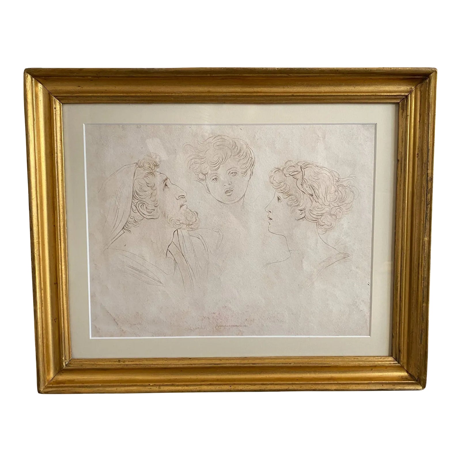 1820 Framed British Artwork Drawing of an Angel Child and Couple in ...