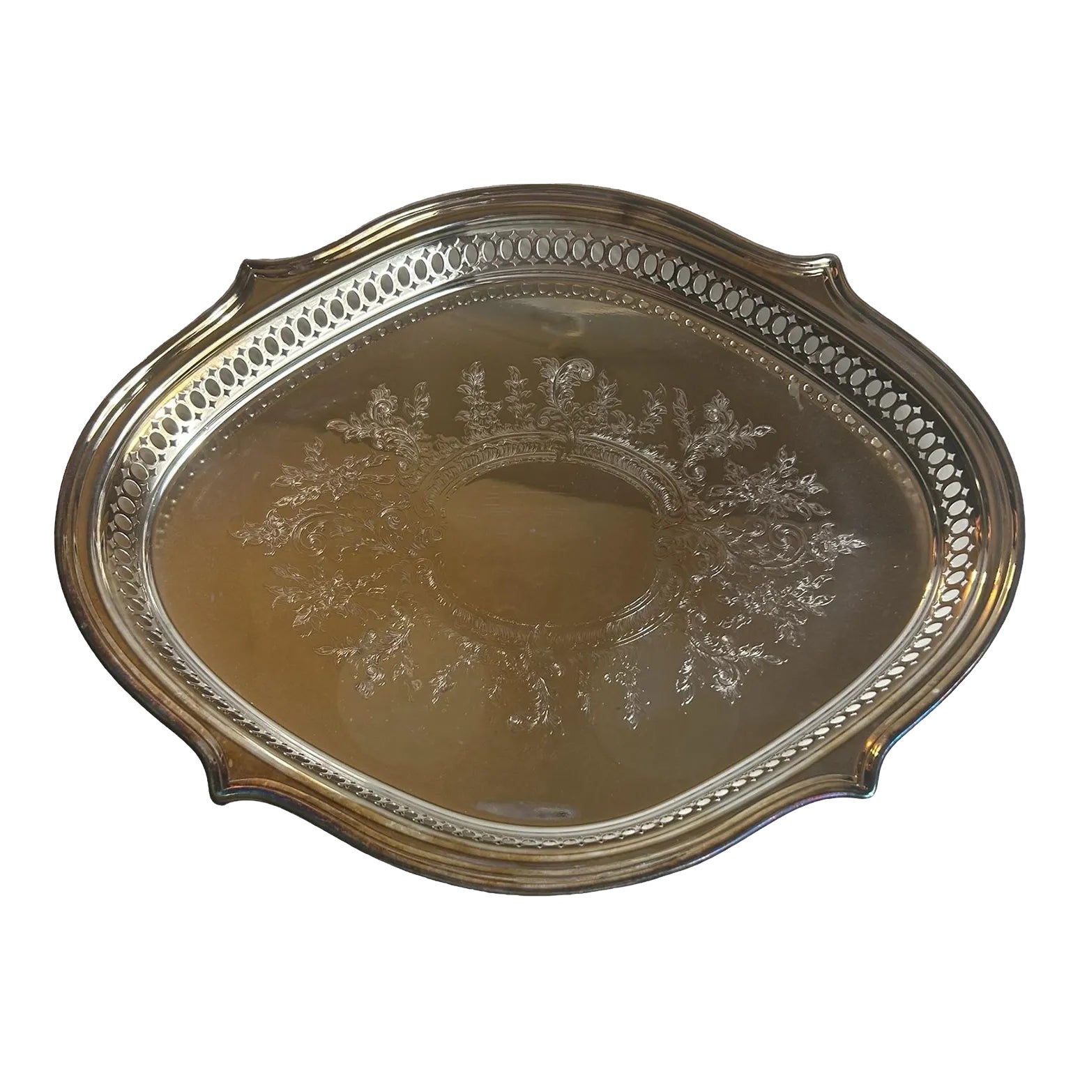 Vintage Vanity or Serving Tray Silver Plate Etched Filigree Oval ...