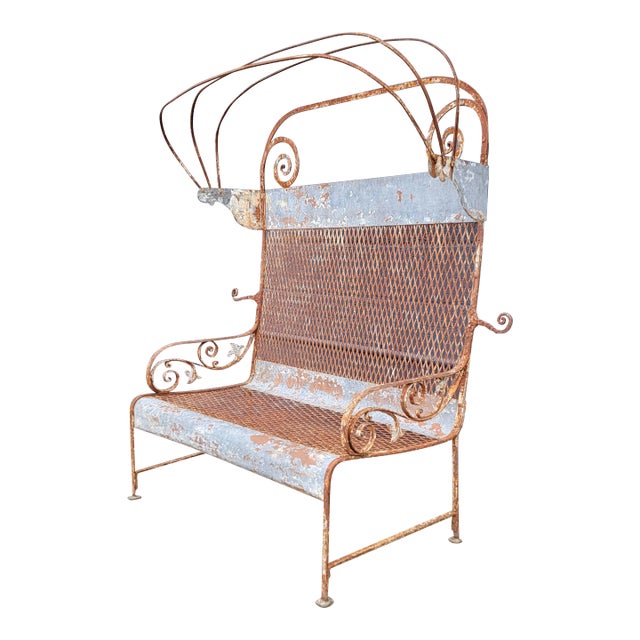 Iron Garden Bench With Folding Canopy / Umbrella | Chairish