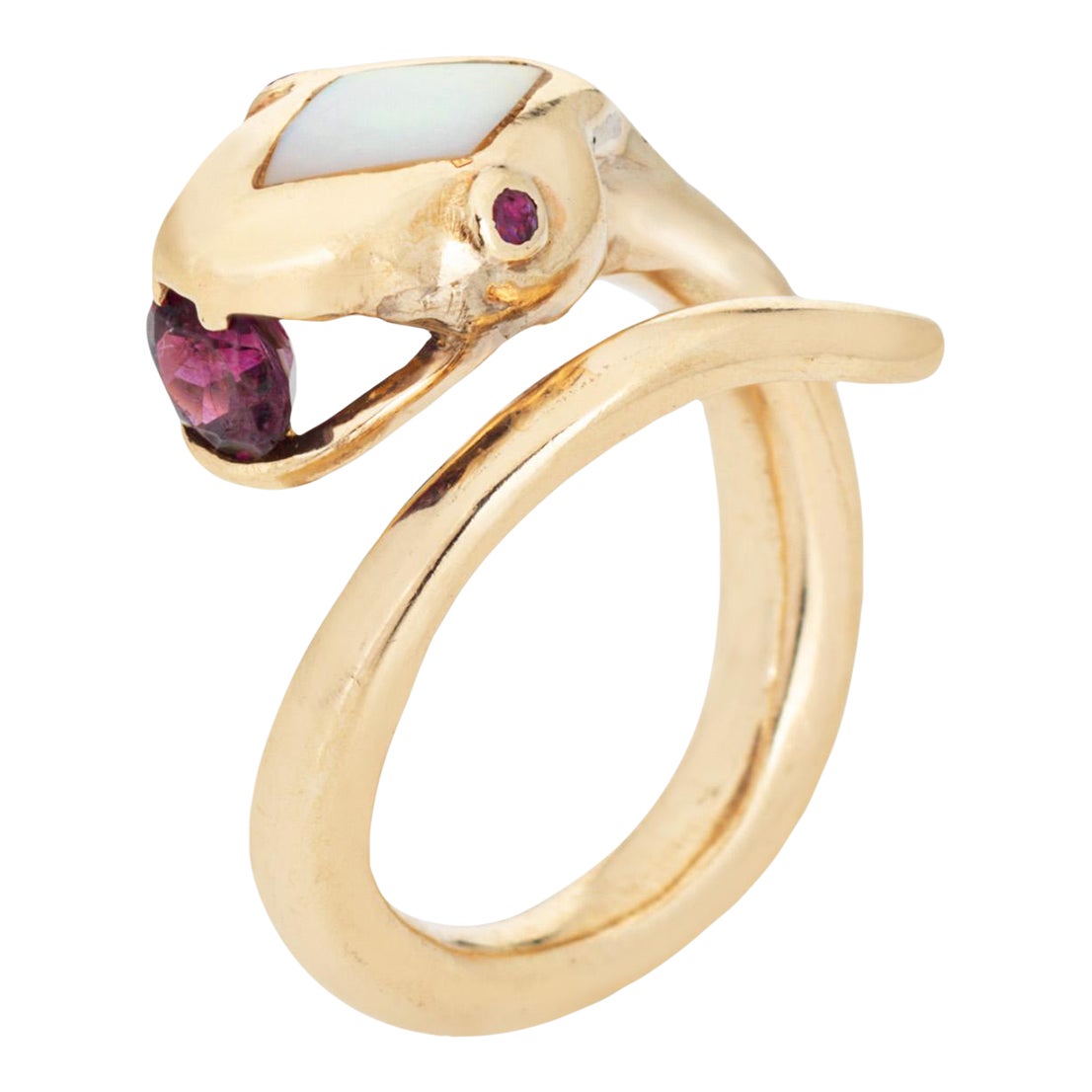 Rubellite Snake Ring 14k Yellow Gold Coiled Serpent Band Cocktail Ring Size 7 | Chairish