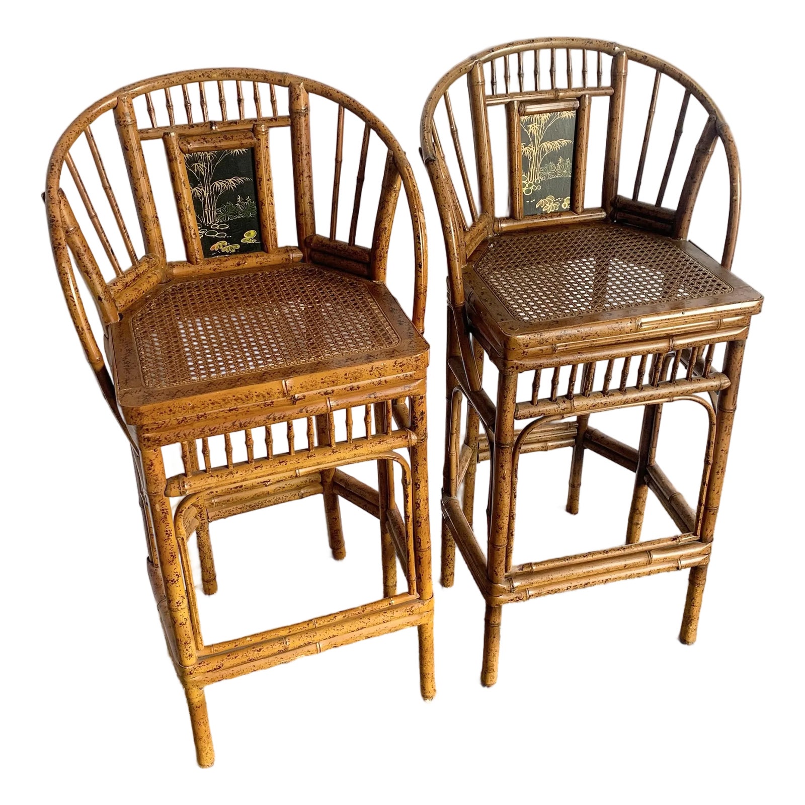 Boho Chinoiserie Bamboo Cane Hand Painted Stools - A Pair | Chairish