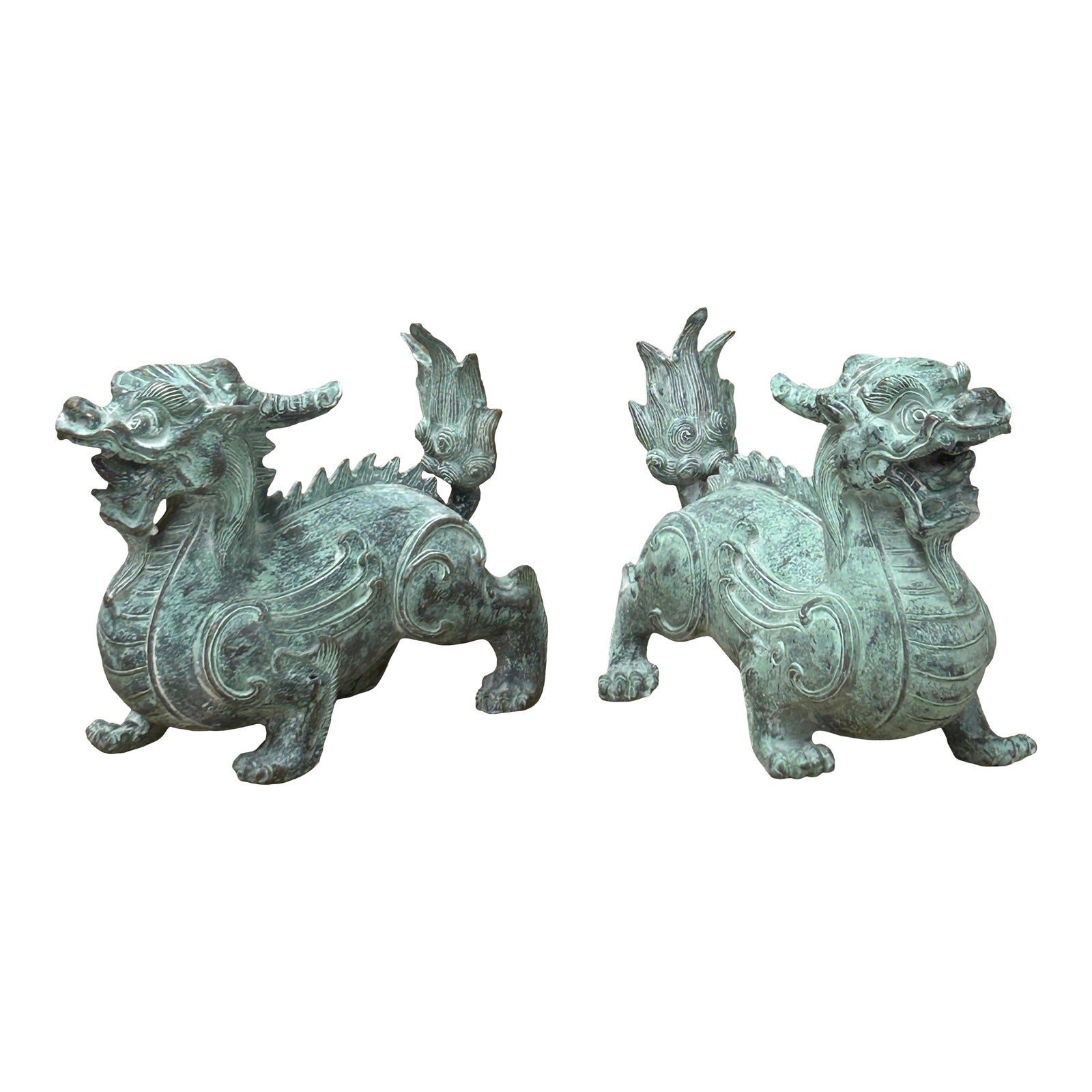 Pair Chinese Rustic Oxidized Patina Fengshui Pixiu Metal Figure | Chairish