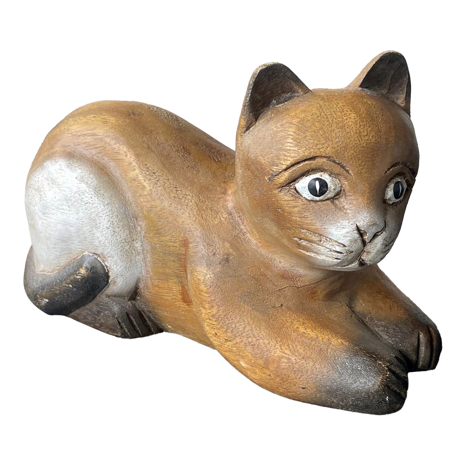 1960s Rustic Hand Carved Wooden Cat | Chairish