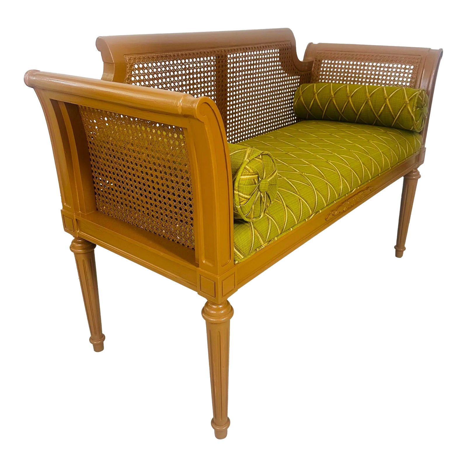 Vintage Cane Bench With Cushions | Chairish