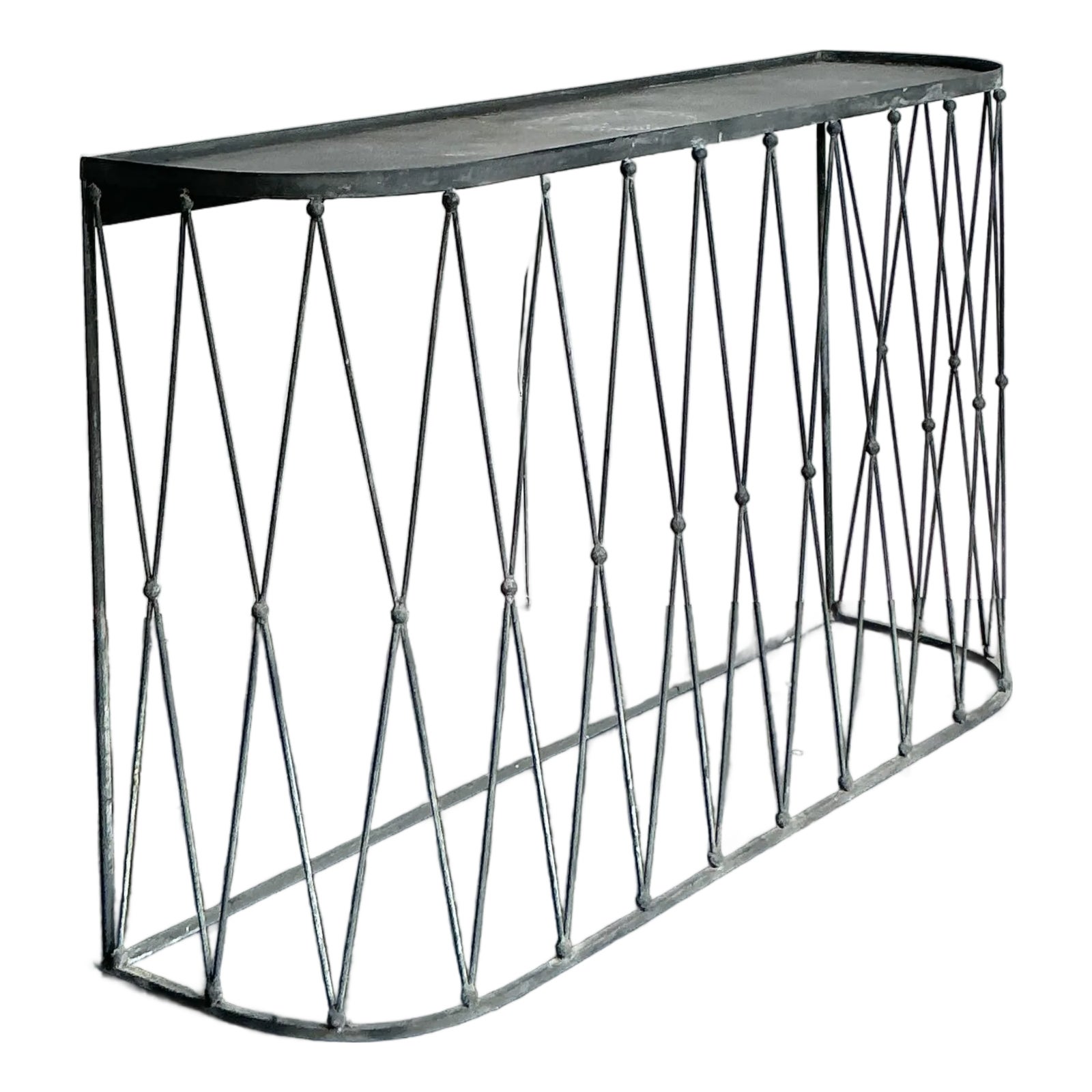Vintage Boho Patinated Metal Demilune Console Table | Chairish