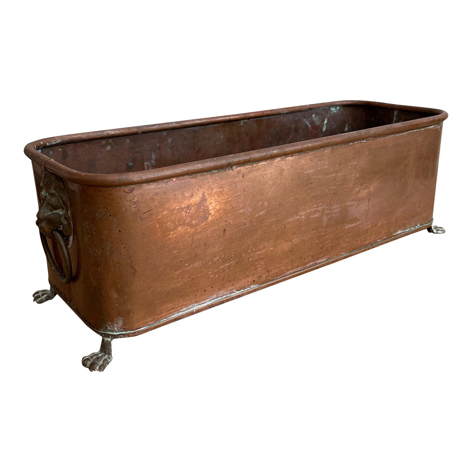 Mid 20th Century Copper English Planter With Lion Ring Handles | Chairish