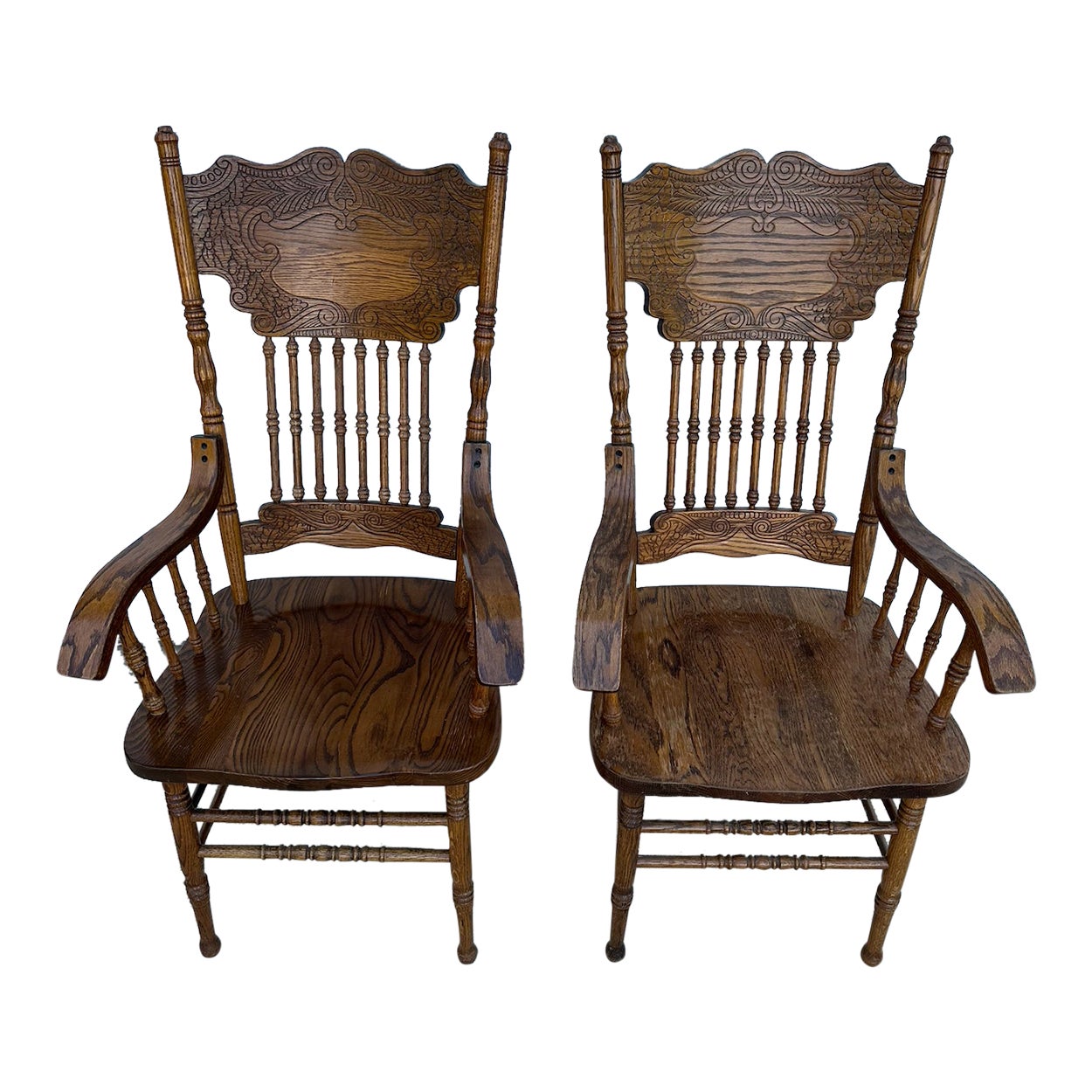 Vintage Late 20th Century Pressed Back Oak Arm Chairs - Set of 2 | Chairish