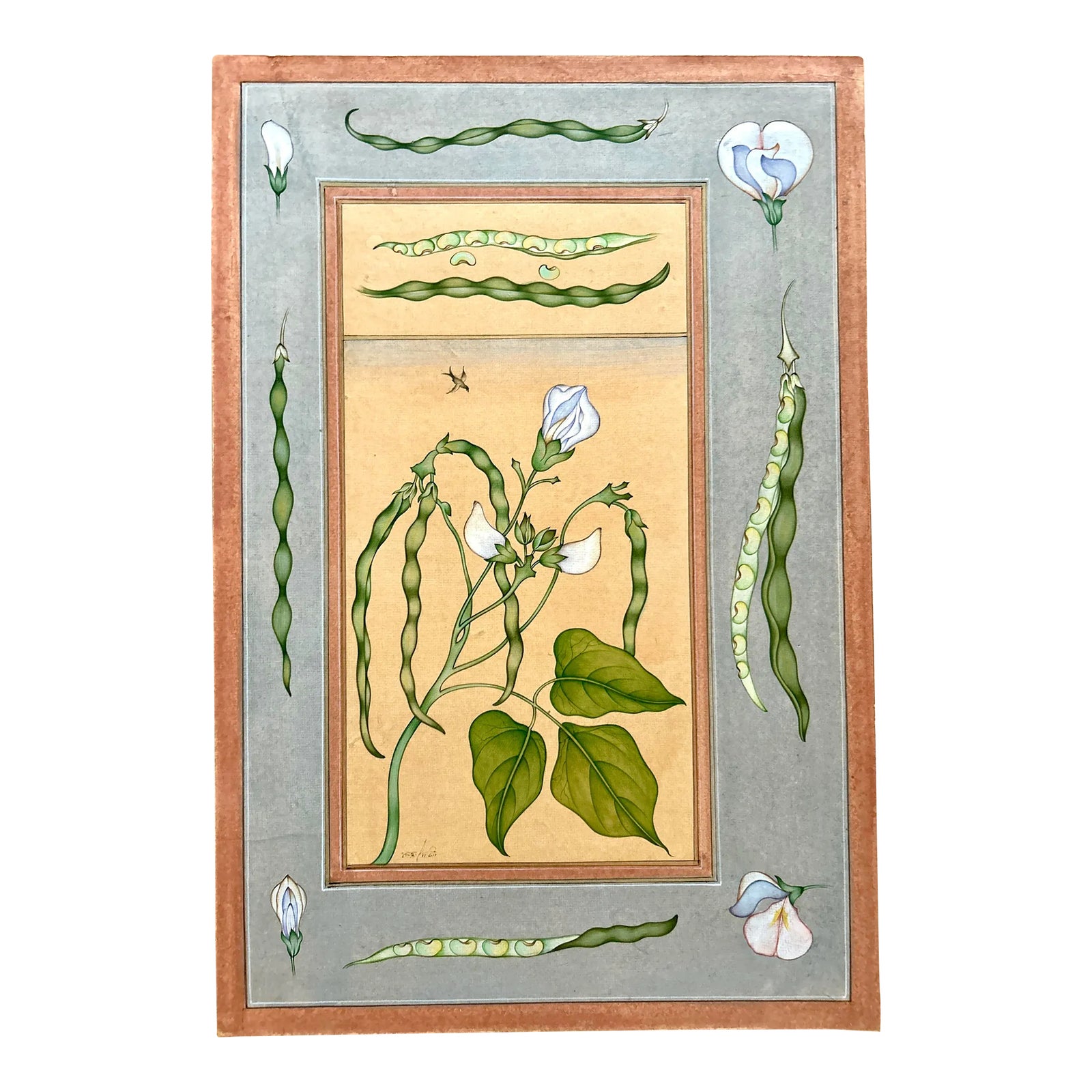 Mid 20th Century Vintage Indian Hand Painted Mughal Flower Painting of ...