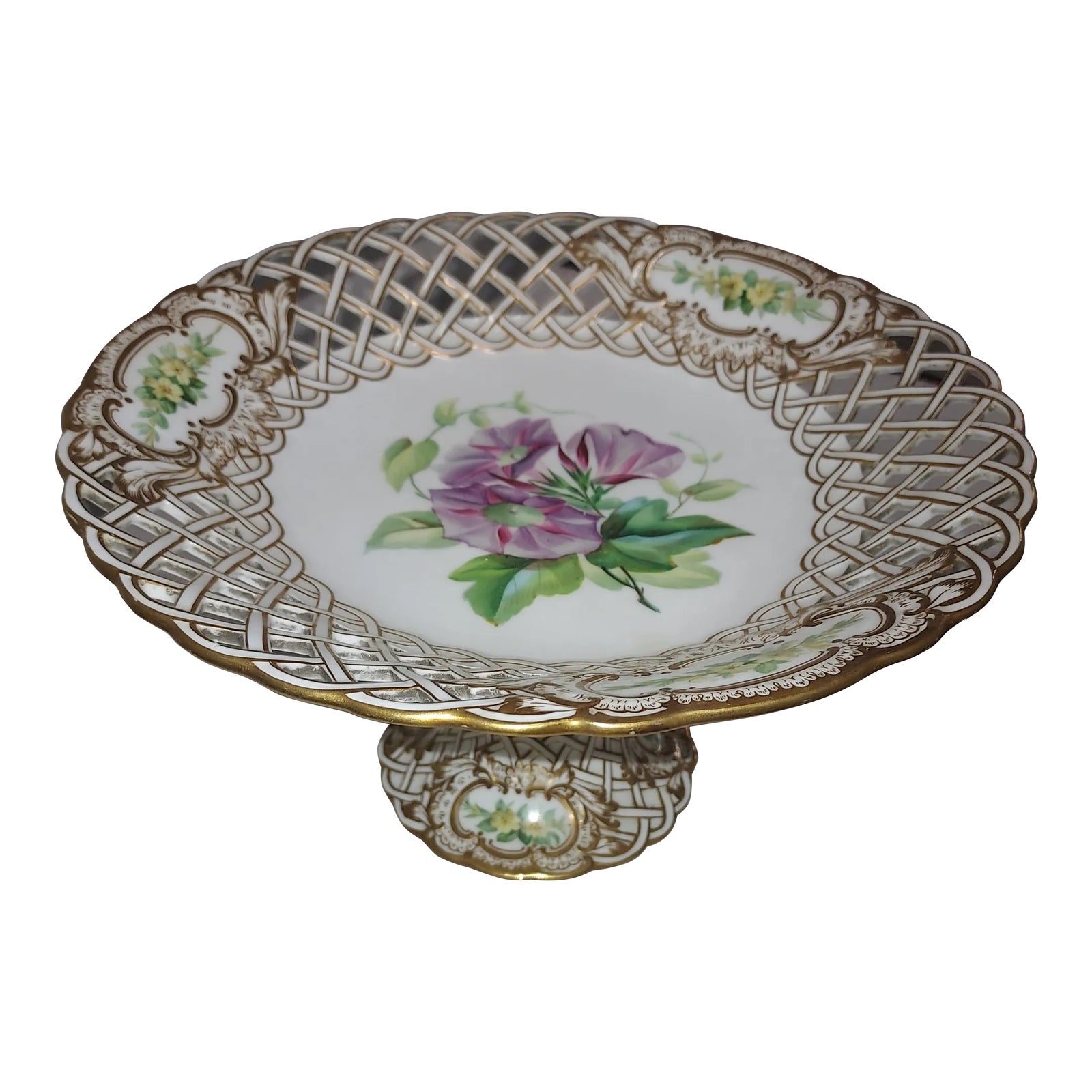 1960s Porcelain Floral Compote Dish With Gold Trim | Chairish