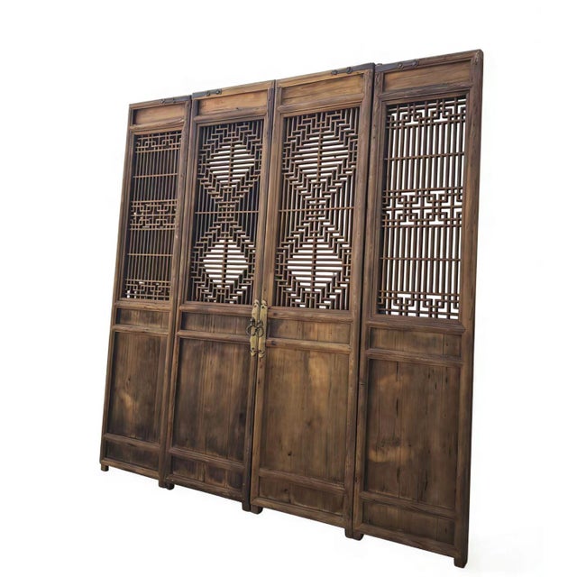 Antique Chinese 4 Panel Lattice Wood Screen Doors | Chairish