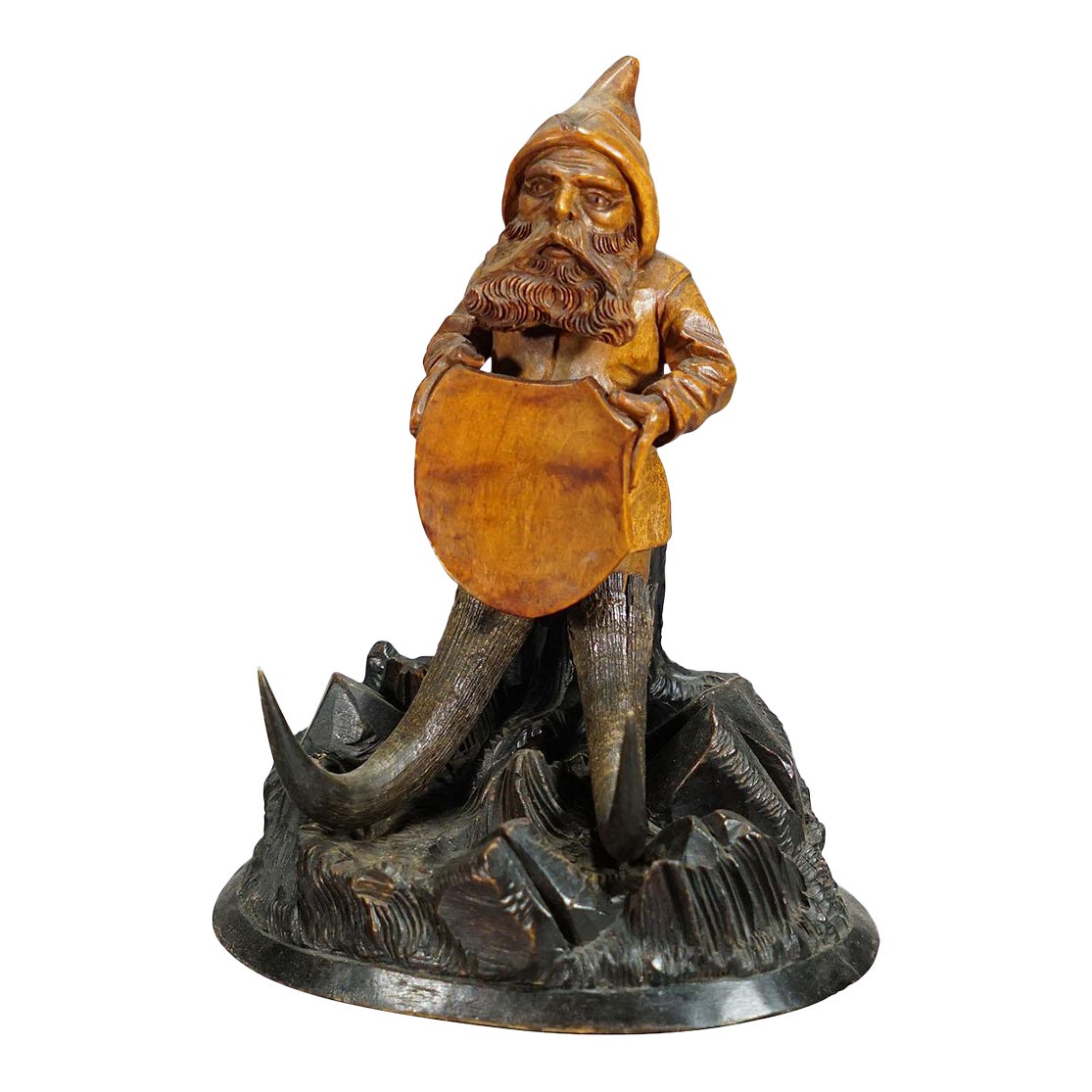 Wooden Carved Black Forest Dwarf Sitting on a Three Stump | Chairish