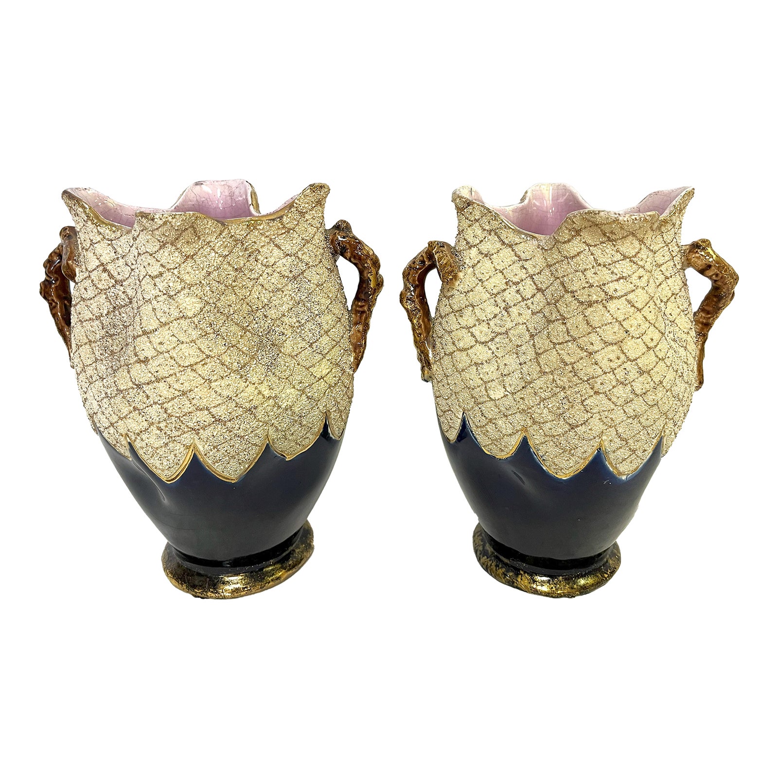 1950's English Thomas Forester Majolica Ceramic Vases- a Pair | Chairish
