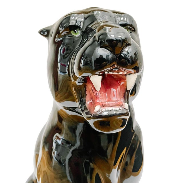 Italian Glazed Ceramic Standing Black Panther Statue | Chairish