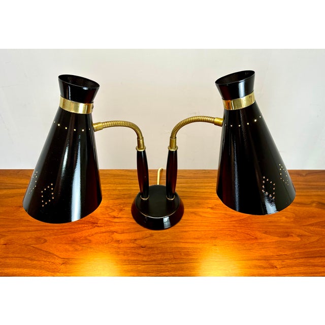 Mid Century Atomic Modern Double Gooseneck Desk Lamp in Black & Brass ...