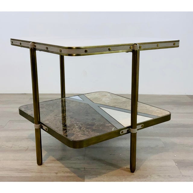 Theodore Alexander Modern Two Tiered Parquetry Marble Iconic End Table | Chairish