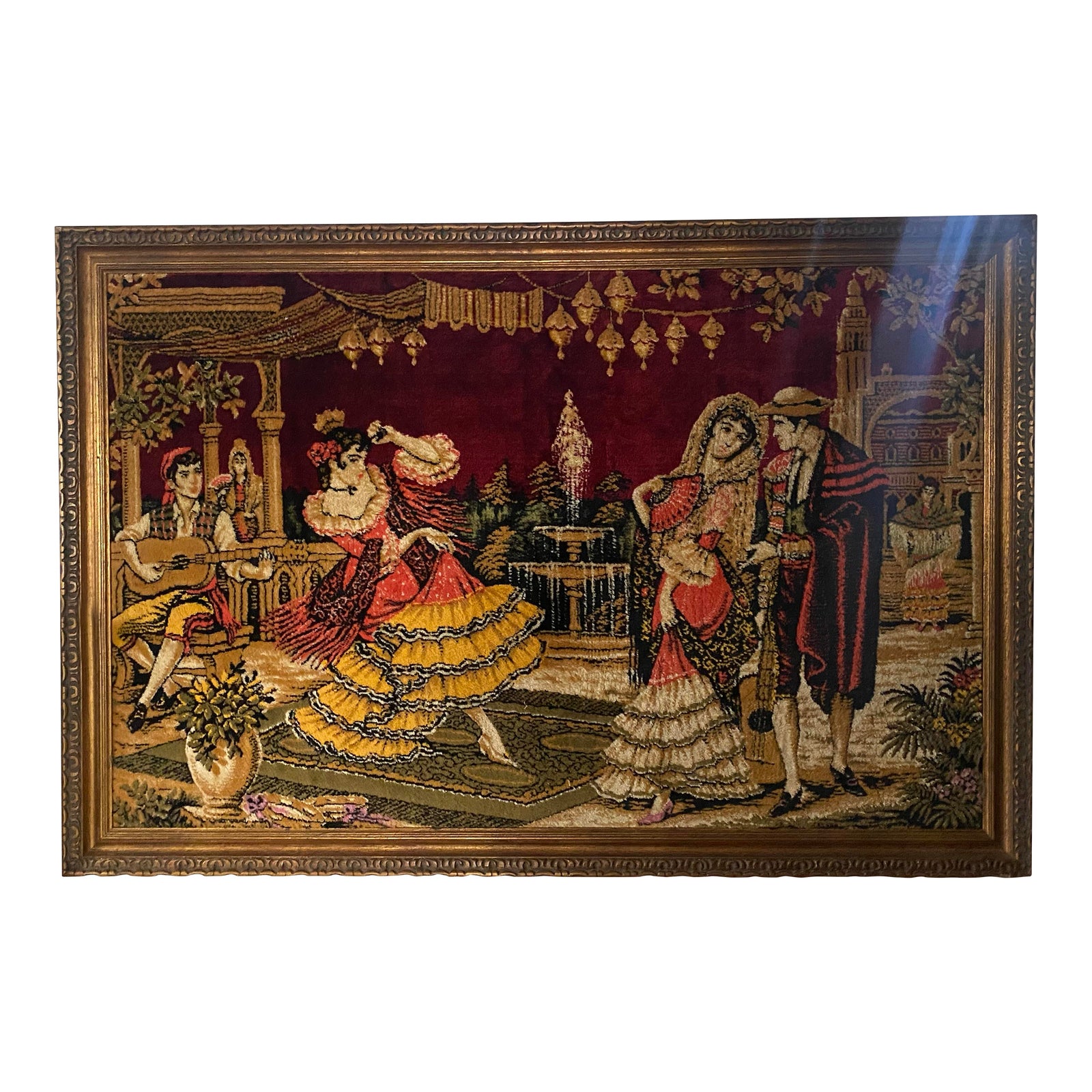 Large Vintage Flamenco Dancers Framed in Velvet Type Material | Chairish
