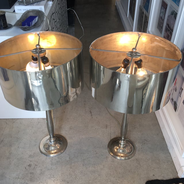 Solid Pewter Lamps and Round Shades a Pair | Chairish