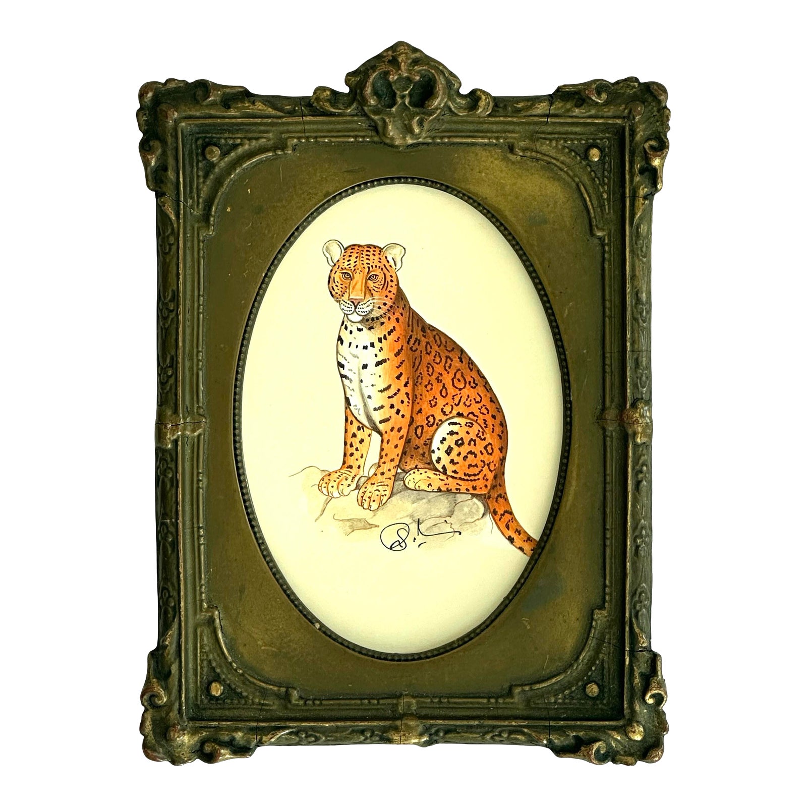 Original Hand-Painted Cheetah Painting in an Antique Victorian Frame ...