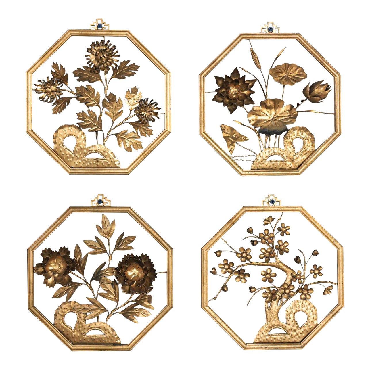 Mid-20th Century Asian Gold Painted Octagon Wood & Metal Four Seasons ...