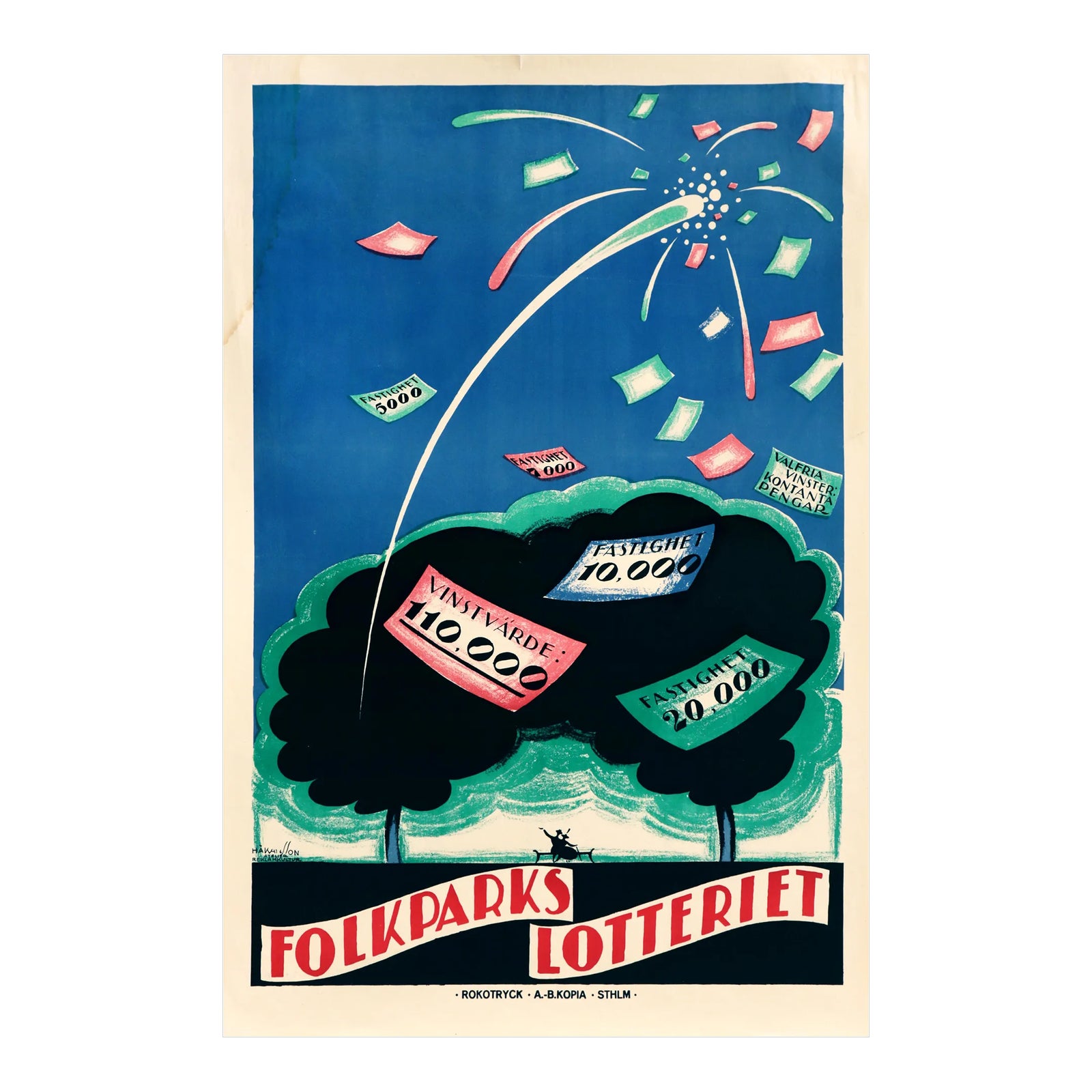 1920s Swedish Art Deco, Folkparks Lotteriet, Swedish Lottery | Chairish