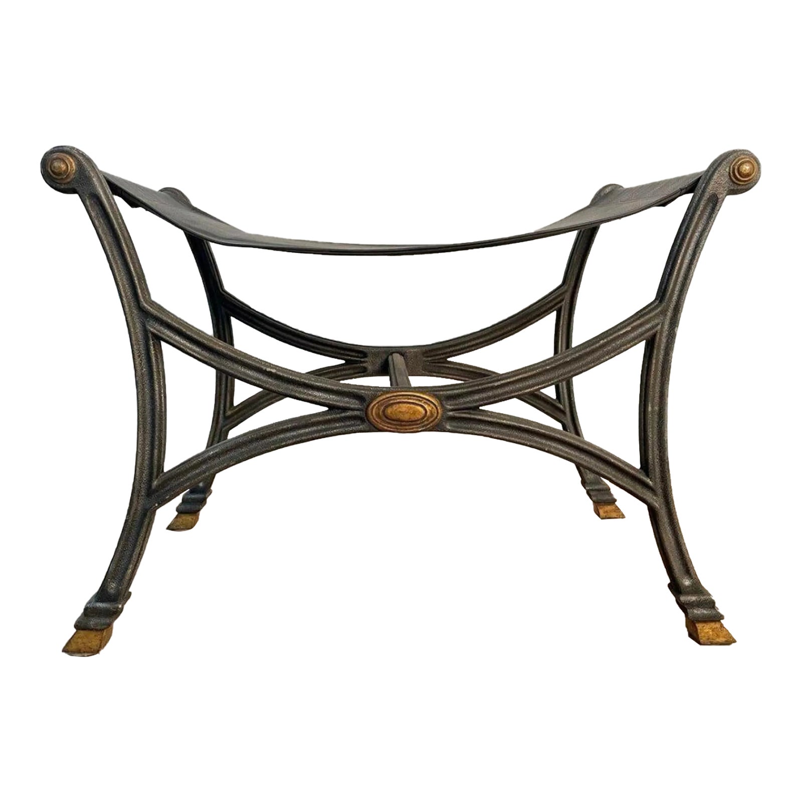 Vintage Wrought Iron X-Frame Ottoman Bench With Leather Seat and Gold ...