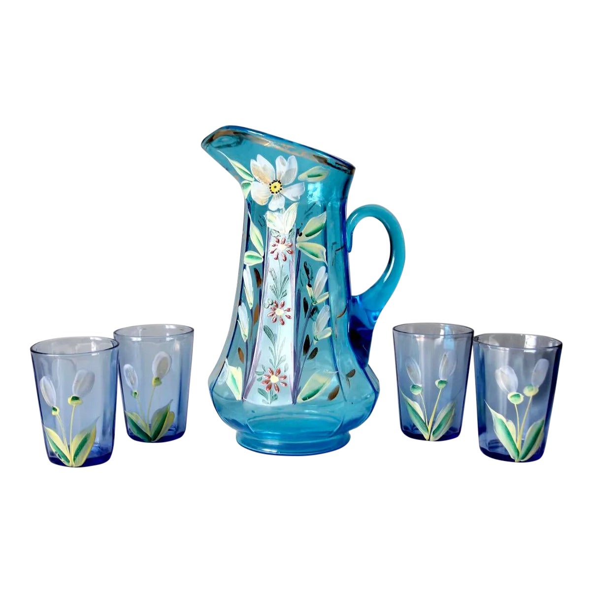 Antique Hand Painted Glass Pitcher Set | Chairish