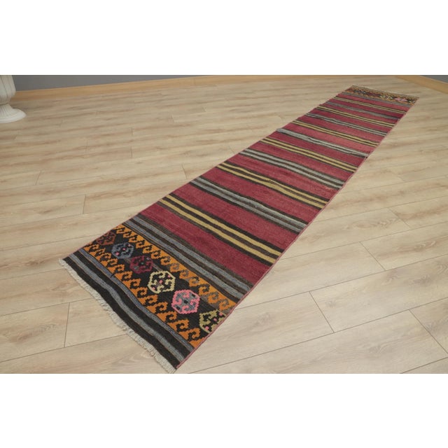1960s Traditional Ethnic Natural Wool Red Striped Kilim Runner Rug ...