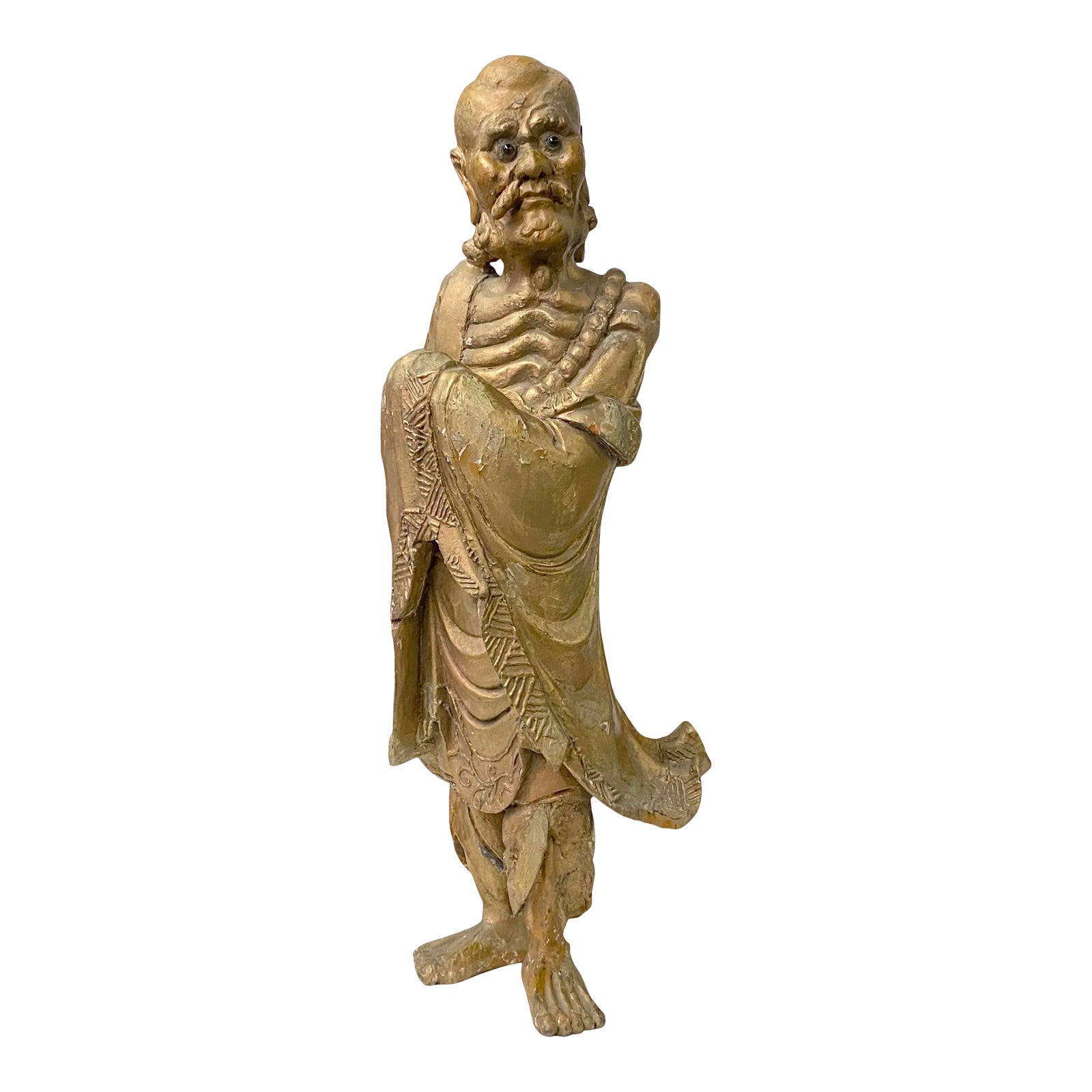 Chinese Vintage Wood Carved Golden Paint Zen Master Damo Statue | Chairish
