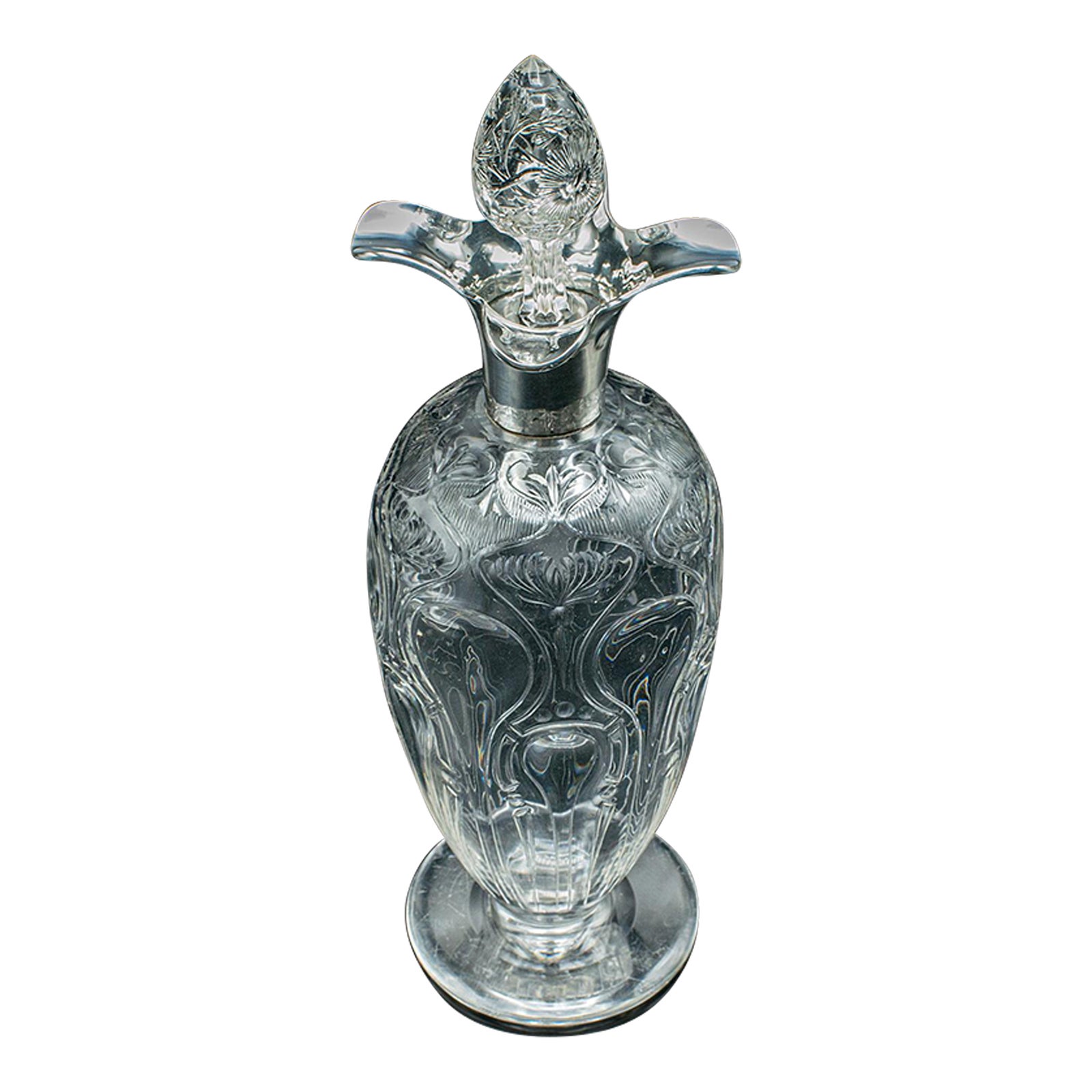Antique Pouring Decanter, English Glass, Hallmark Silver, Art Nouveau ...