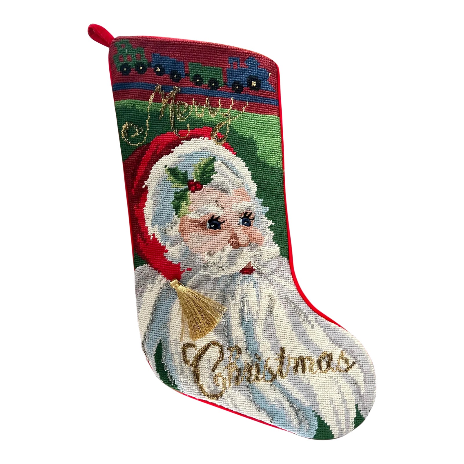 Vintage 1990s Santa Hand Knot Needlepoint Stocking | Chairish