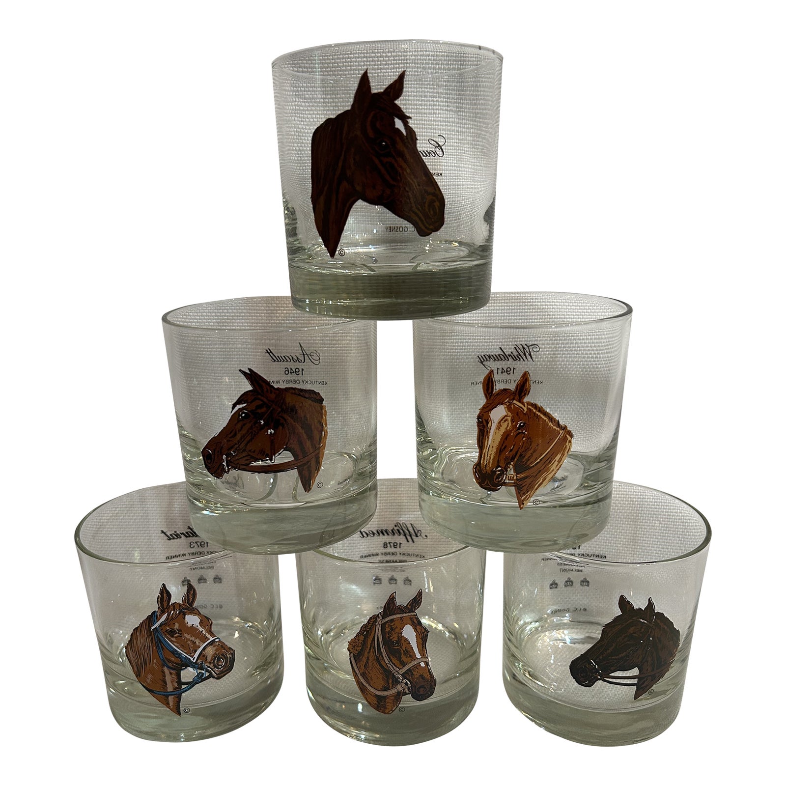 1970s L C Gosney Triple Crown Winner Equestrian Rocks Glasses - Set of ...