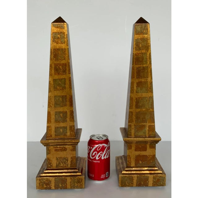 Modern Gold Leaf Finished Grided Obelisk Pair | Chairish
