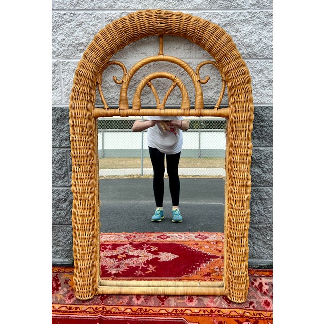 Large Vintage Arched Natural Woven and Wrapped Wicker Rattan Mirror ...