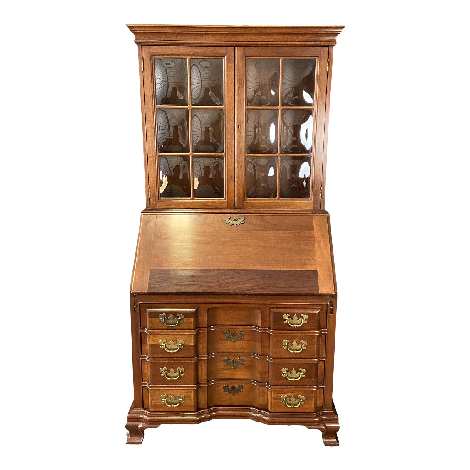 Maddox Block Front Secretary Desk With Bubble Glass Bookcase Top | Chairish