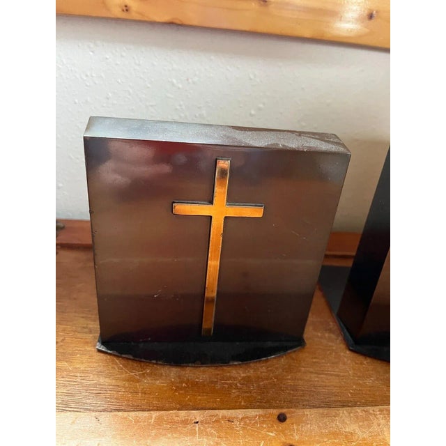 Mid 20th Century Heavy Metal Cast Religious Bookends With Gold Cross ...