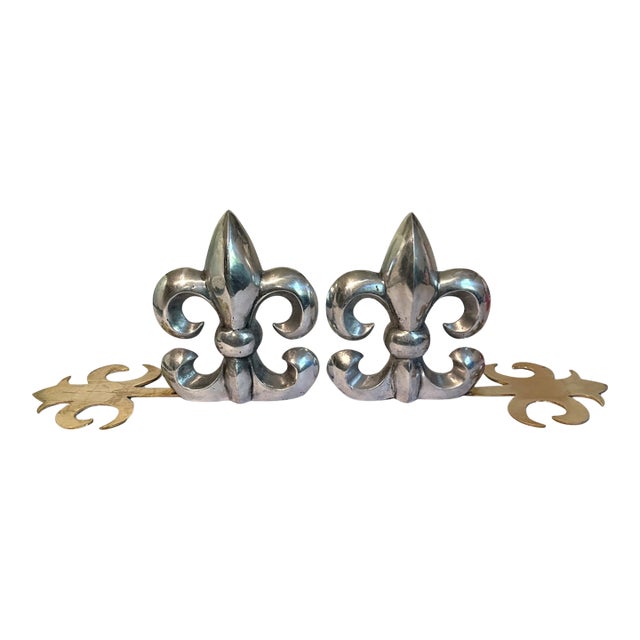 Vintage French Fleur De Lis Cast Aluminum & Brass Bookends | Chairish
