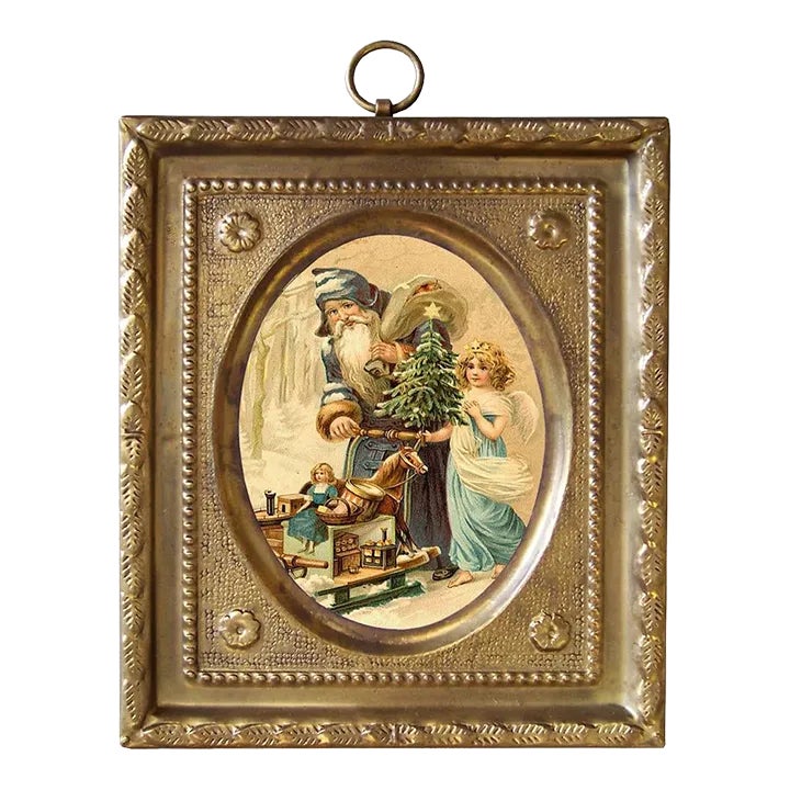 Victorian Santa With Angel Girl Print in Embossed Brass Frame- Antique ...