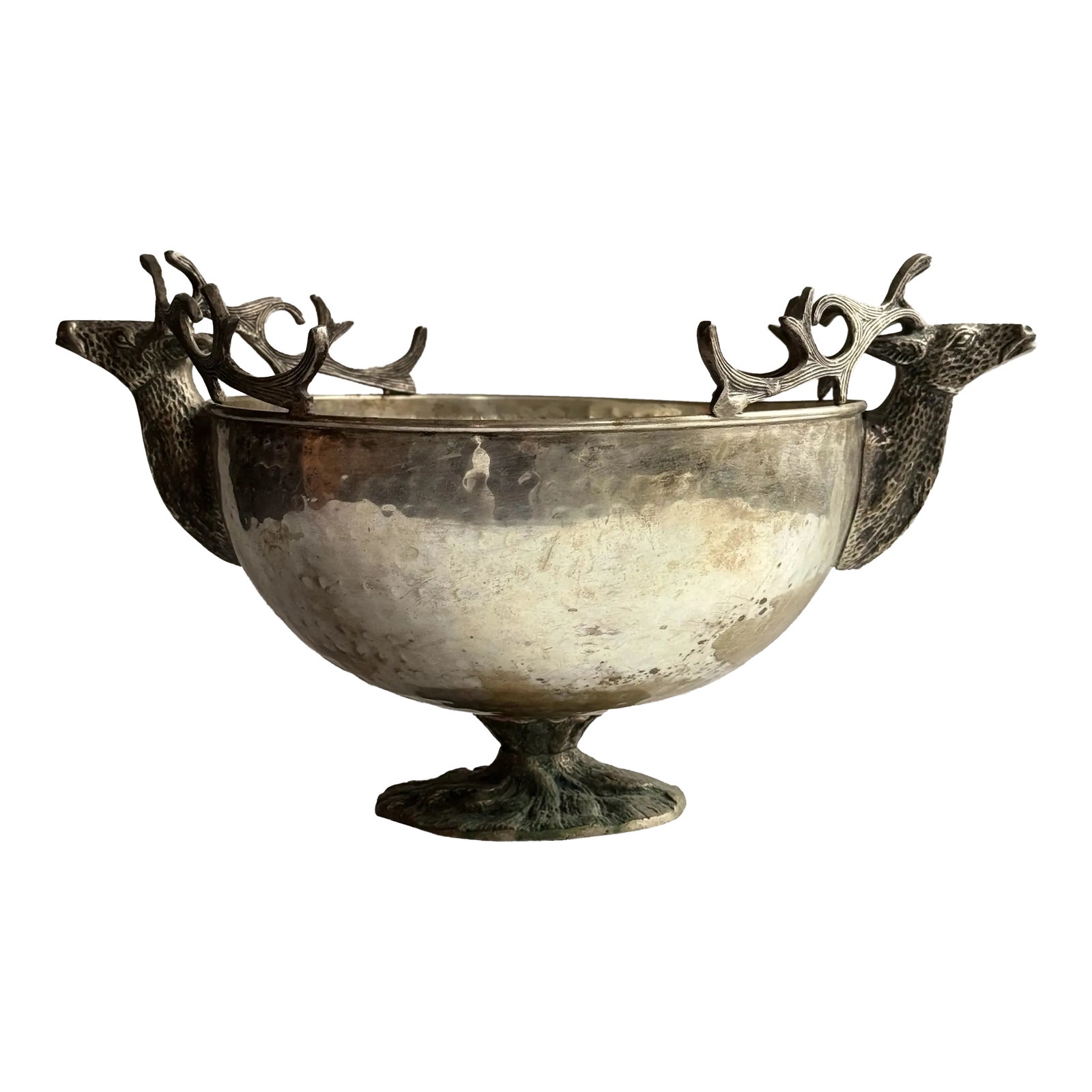 Late 20th Century Hammered Silver Plate Double Stag Centerpiece Bowl ...