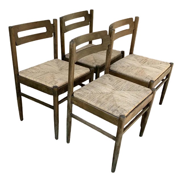 Rustic Wooden Dining Chairs with Straw Seats, 1970s, Set of 4 | Chairish