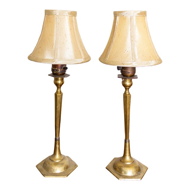 Early 20th Century Small Etched Brass Candlestick Lamps |Set of Two ...
