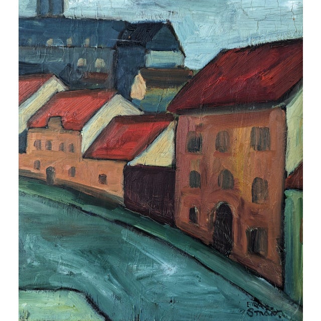 Mid-Century Modern Swedish "Stretch of Houses" Vintage Street Scene Oil ...