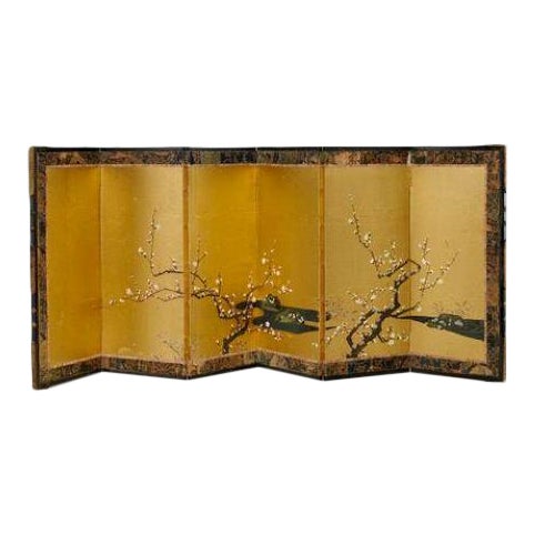 Early 20th Century Japanese 6-Panel Gouache and Gold Leaf Painted Table ...