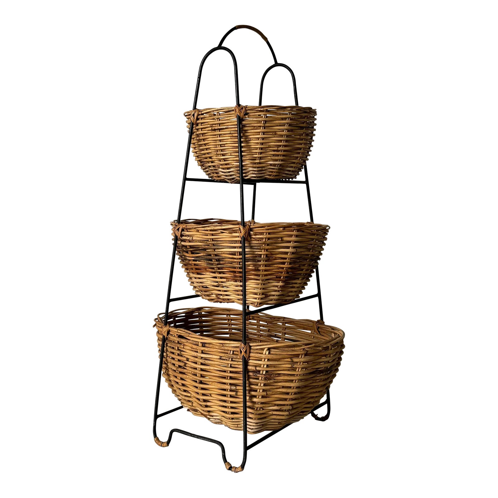 Vintage Organic Rattan and Wrought Iron Three-Tiered Basket Stand ...