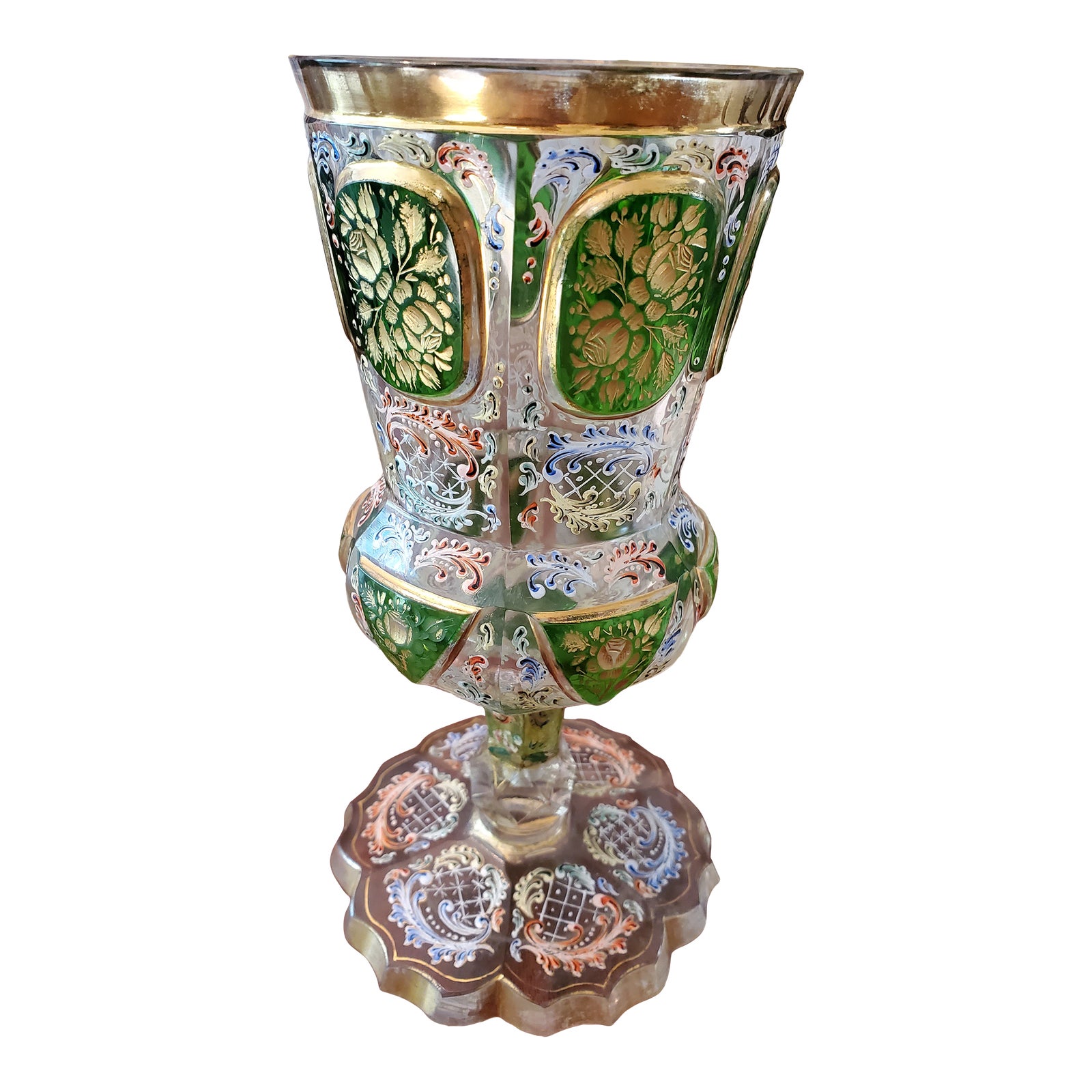 Antique Moser Bohemian Glass Raised Gold Glass Goblet | Chairish