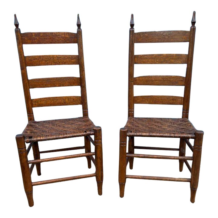 19th Century Pair of Antique Primitive Shaker Style Ladder Back Woven ...