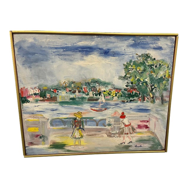 Vintage Modern Expressionist Colorful Painting of a Park Scene | Chairish