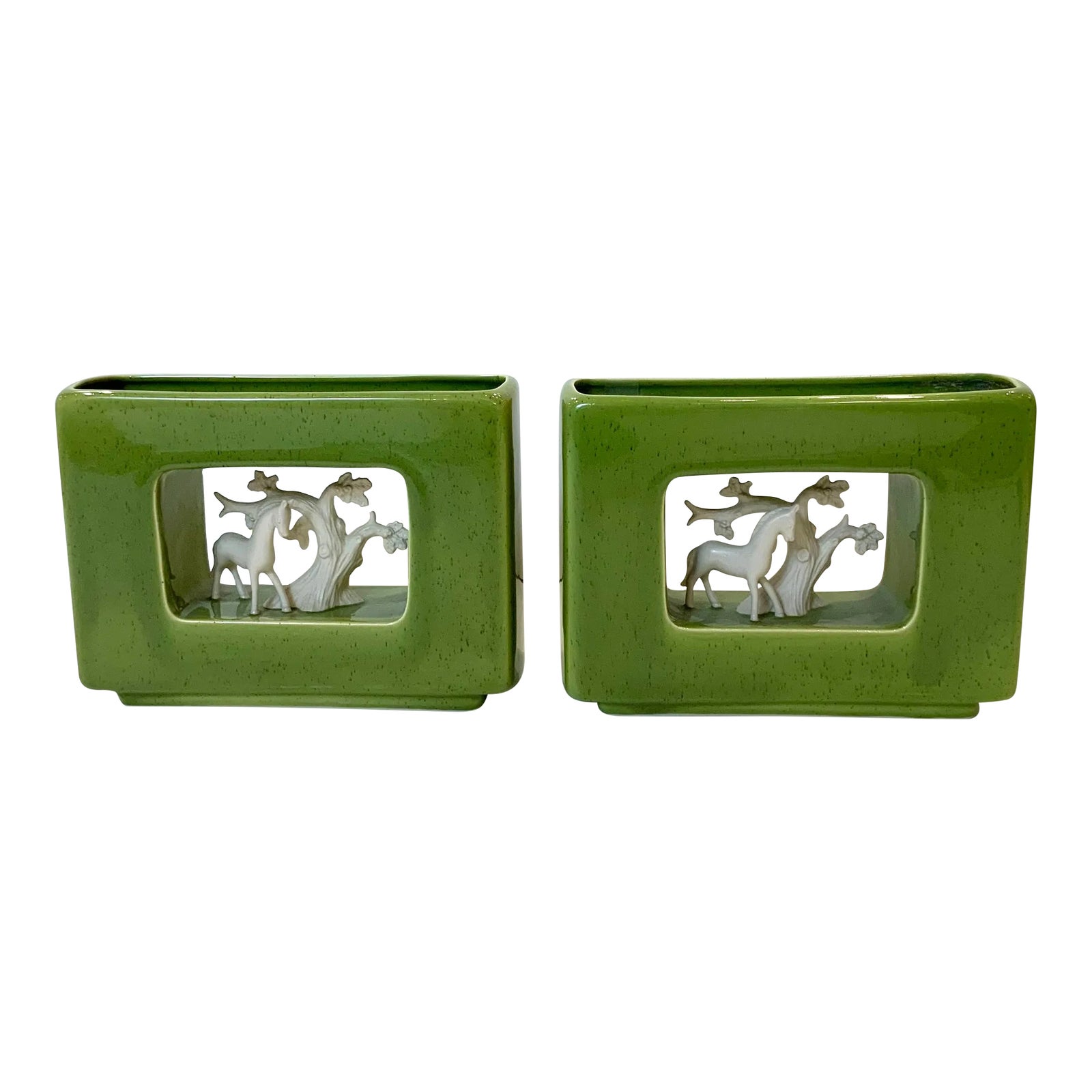 1950s Howard Pierce Light Green Vases With Horse, a Pair. | Chairish