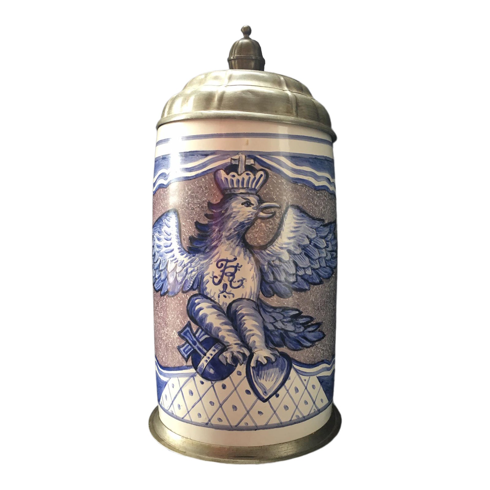 18th Century Large German Faience Tankard Pewter Mounted, 3 Liters ...