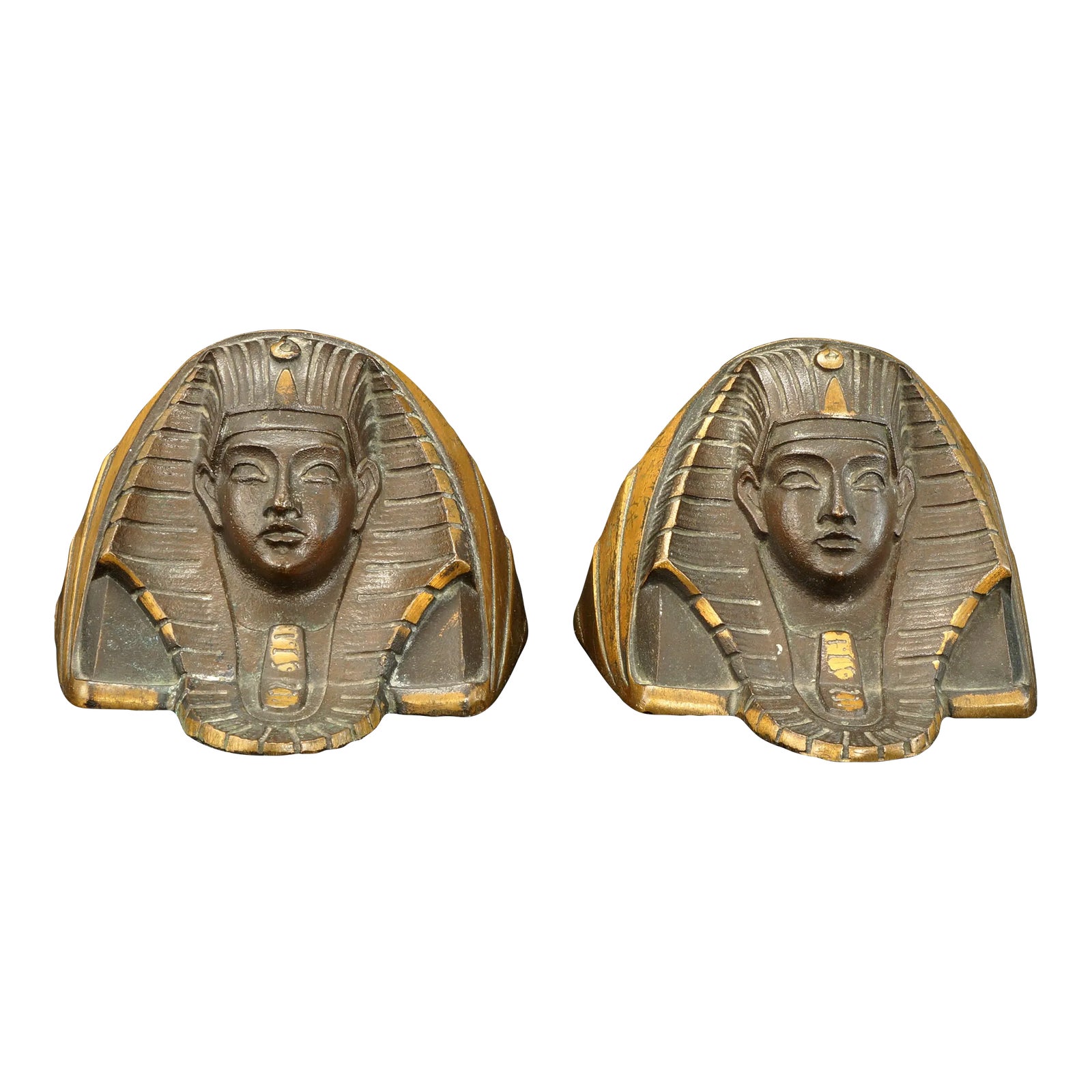 Pair of Egyptian Revival Pharaoh Face Bookends Gilded Bronze Circa 1935 ...